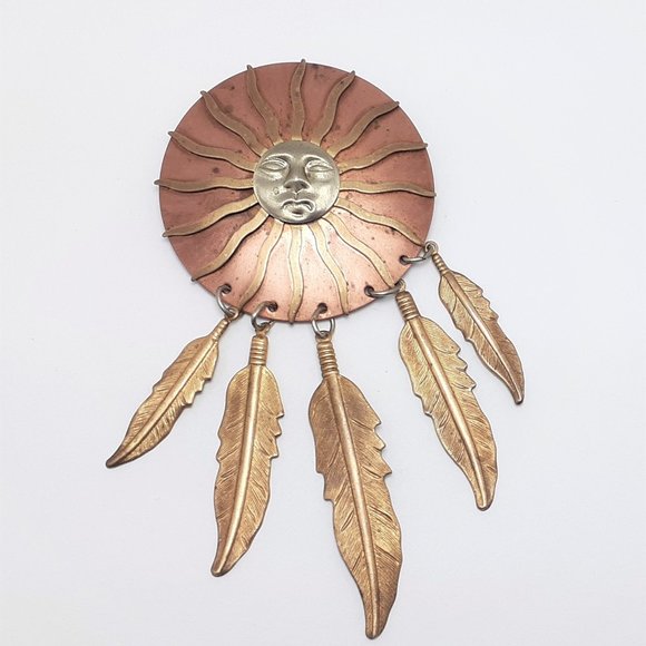 Unbranded | Jewelry | Vintage Sun Face Copper Brass Silver Brooch ...